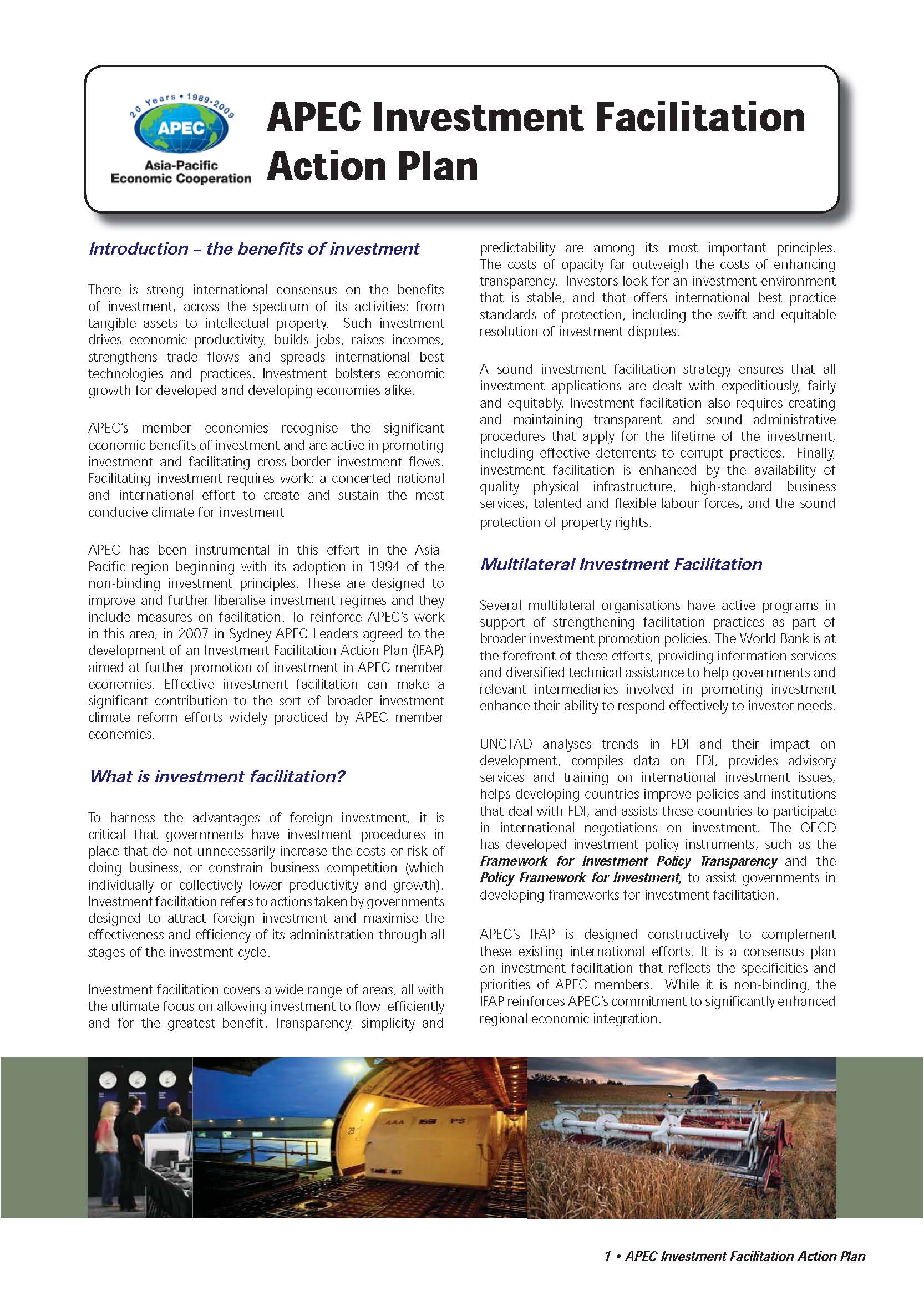 APEC Investment Facilitation Action Plan Brochure January 2009