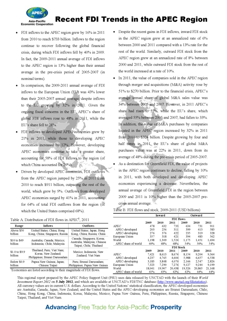 Recent FDI Trends in the APEC Region 2012